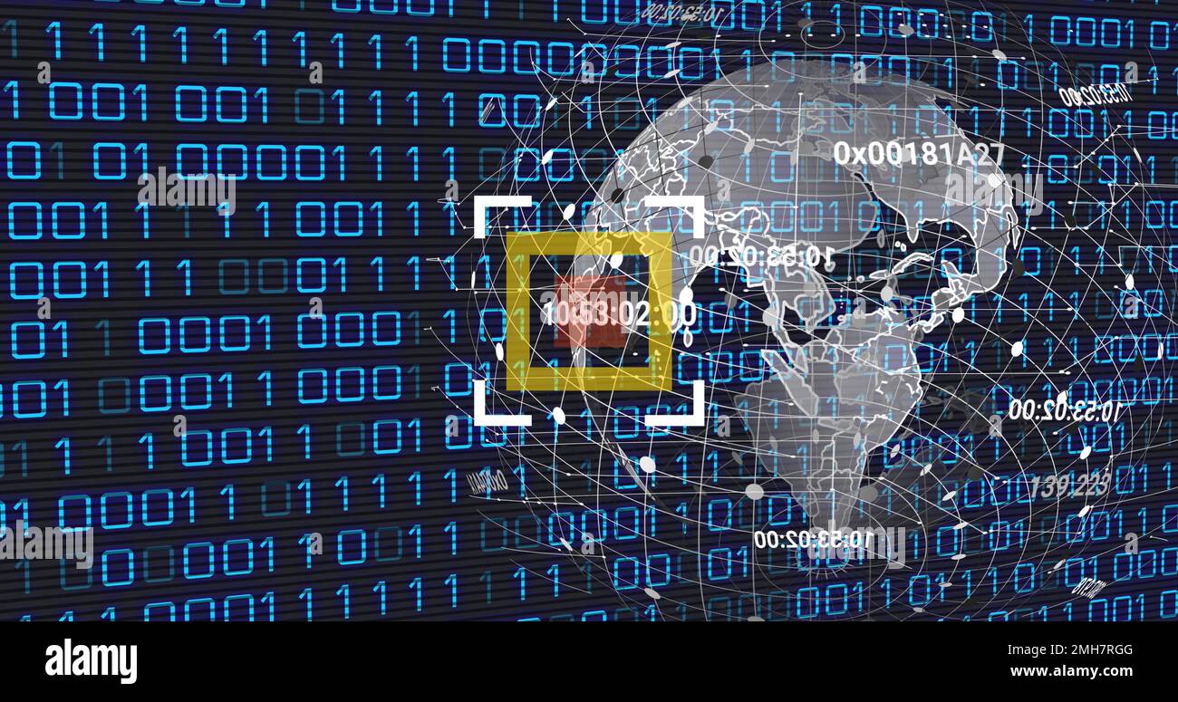 Image of globe and binary code on black background Stock Photo - Alamy