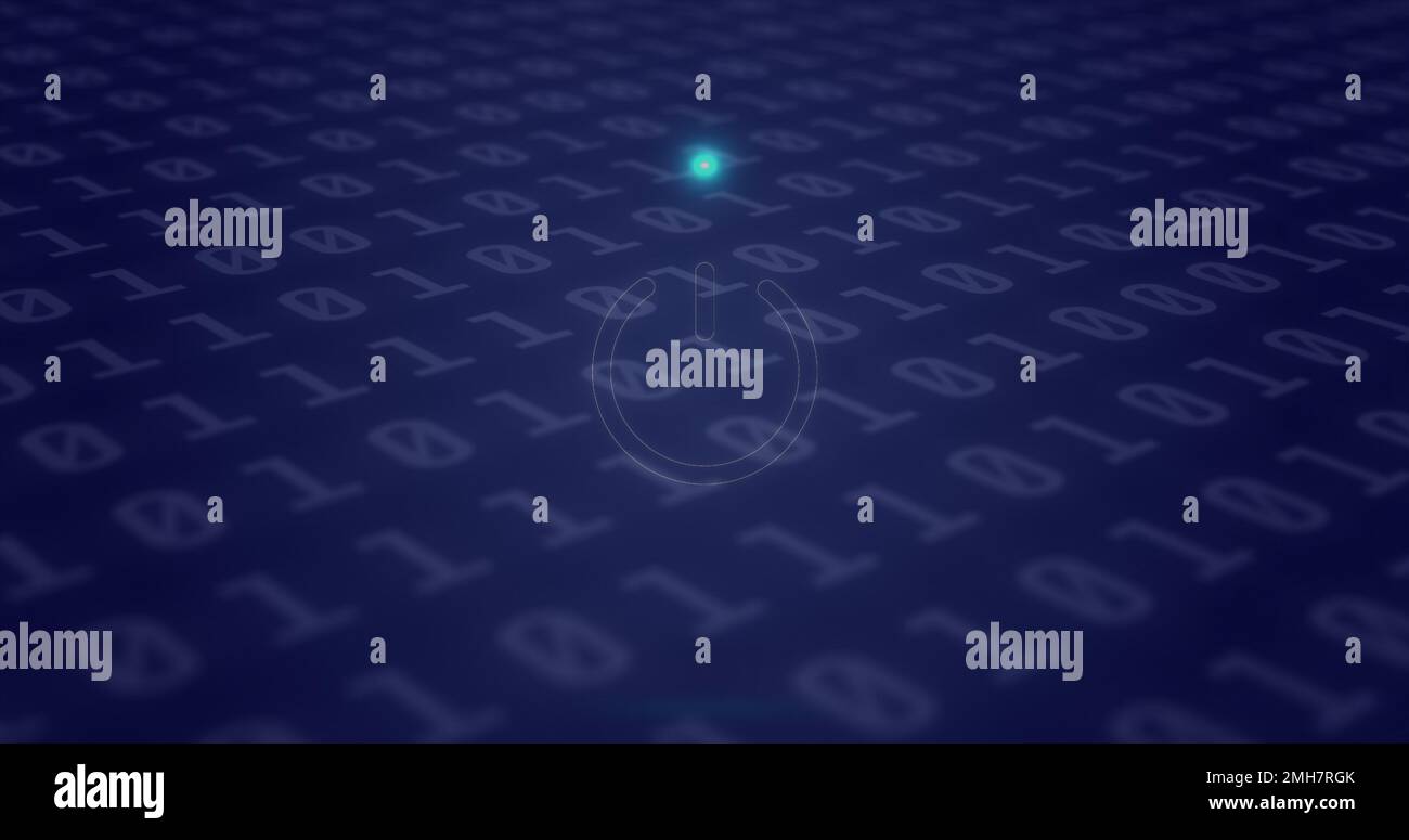 Image of neon circle with power over binary code on digital screen ...