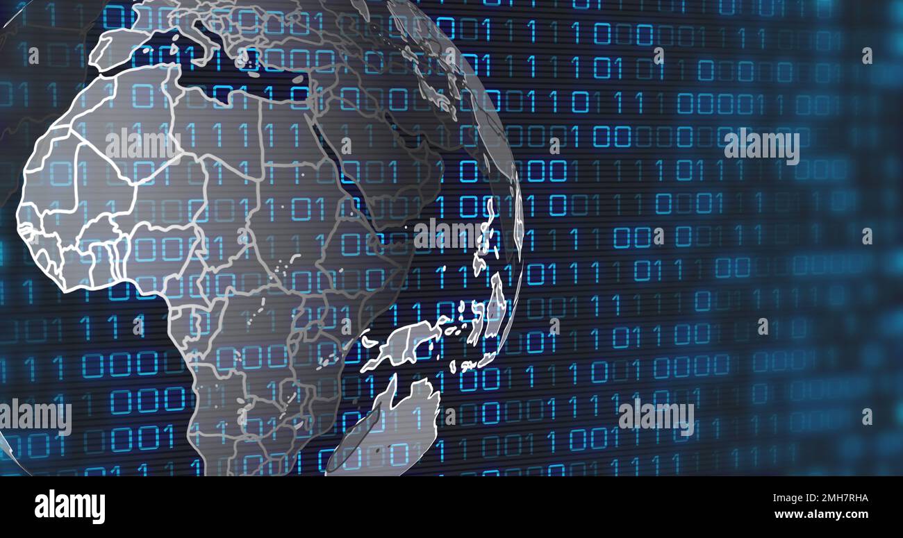 Image of globe and binary code on black background Stock Photo - Alamy