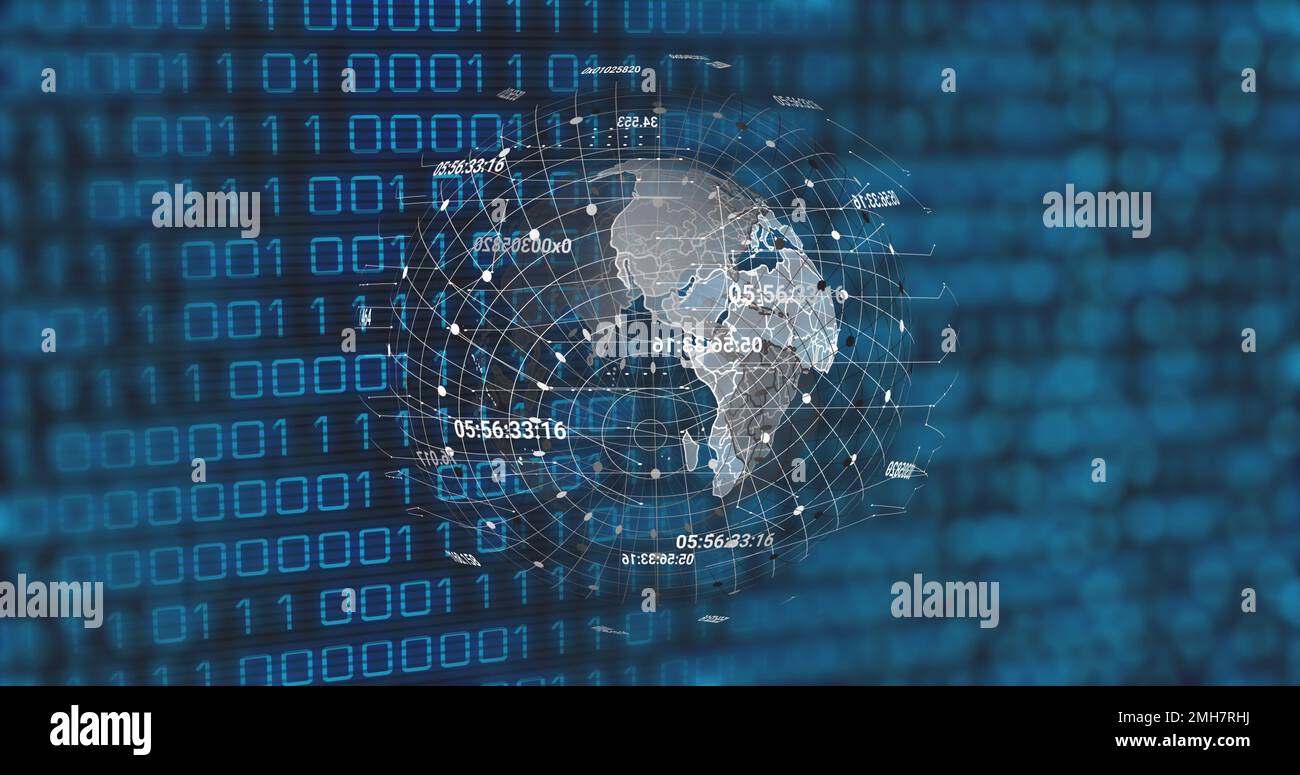 Image of globe and binary code on black background Stock Photo - Alamy