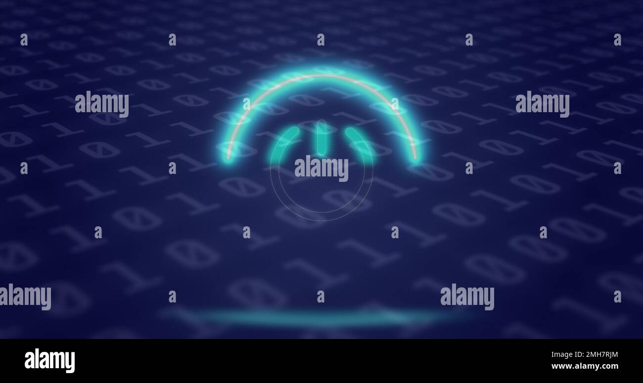 Image of neon circle with power over binary code on digital screen ...