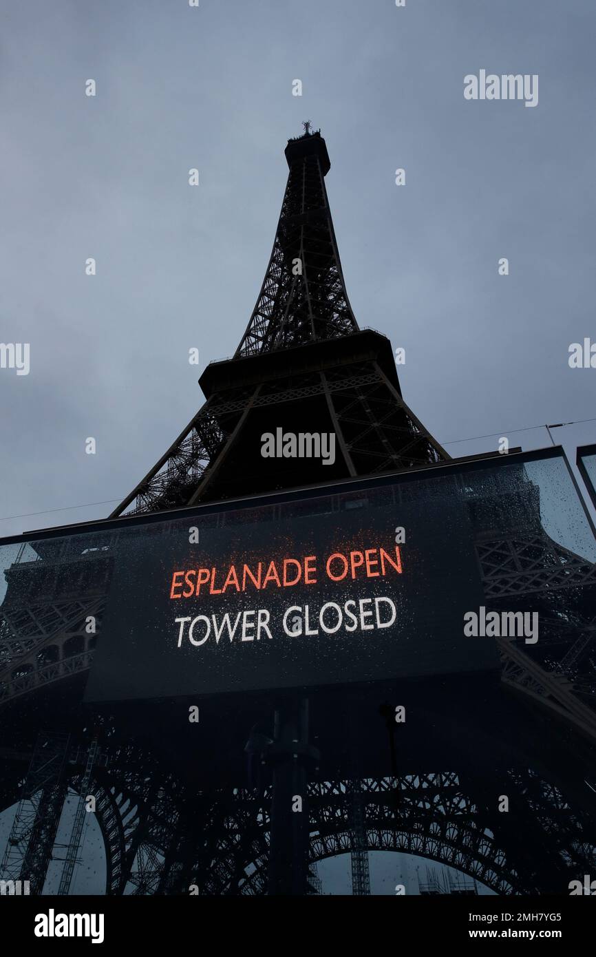 A screen announces the closure of the Eiffel Tower Thursday Jan.9, 2020 ...