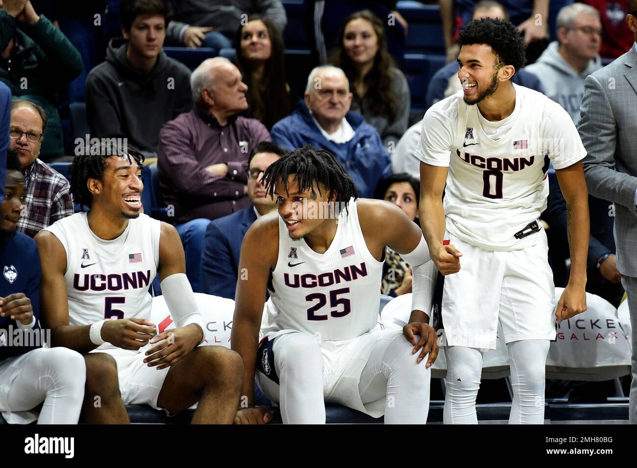 Connecticut's Isaiah Whaley (5), Josh Carlton (25) and Jalen Gaffney (0 ...