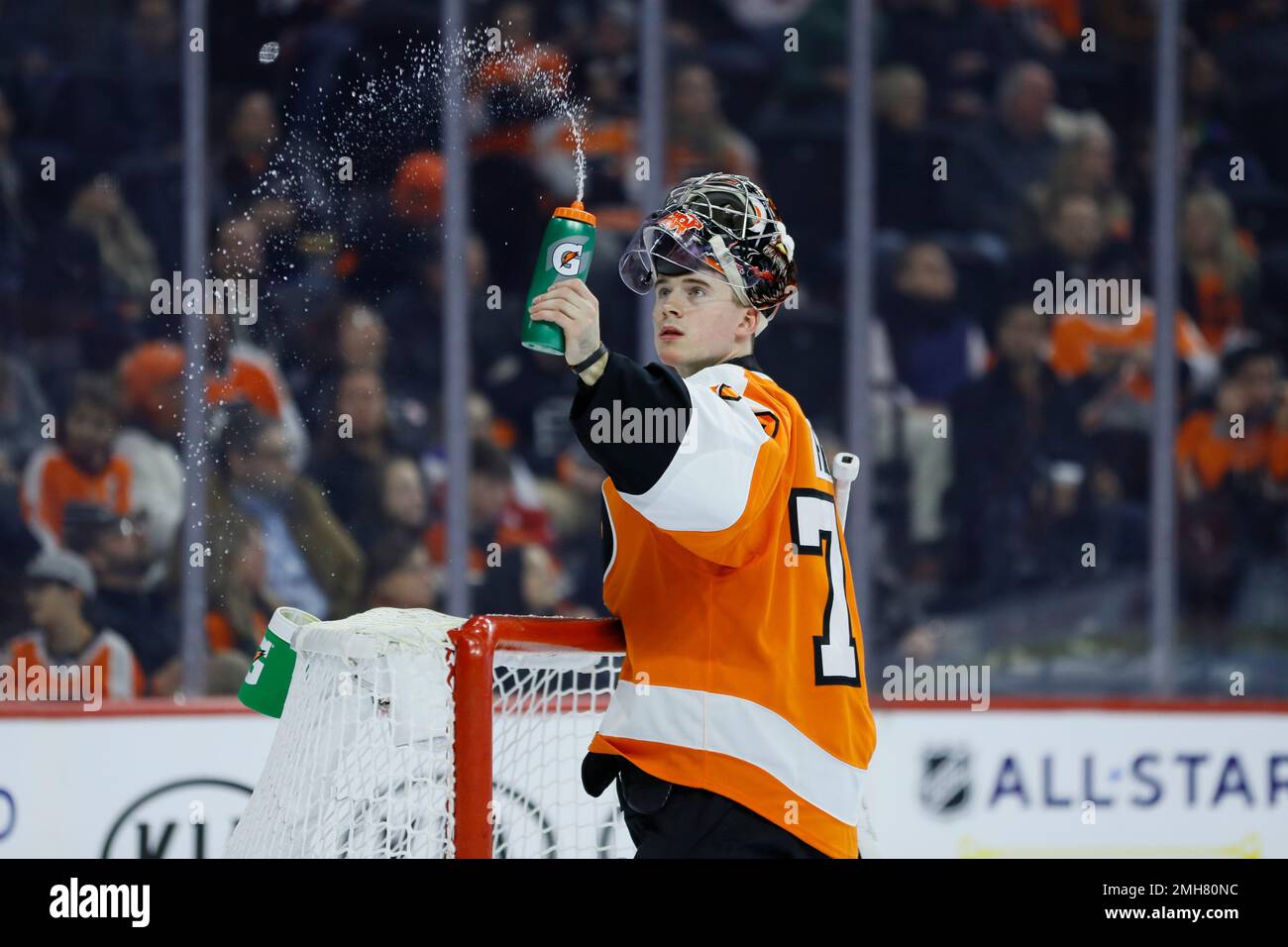 Philadelphia Flyers' Carter Hart plays during an NHL hockey game ...