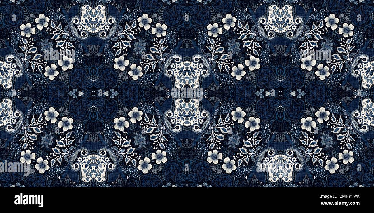 Retro indigo floral bandana 2 tone patterned fabric border background ...