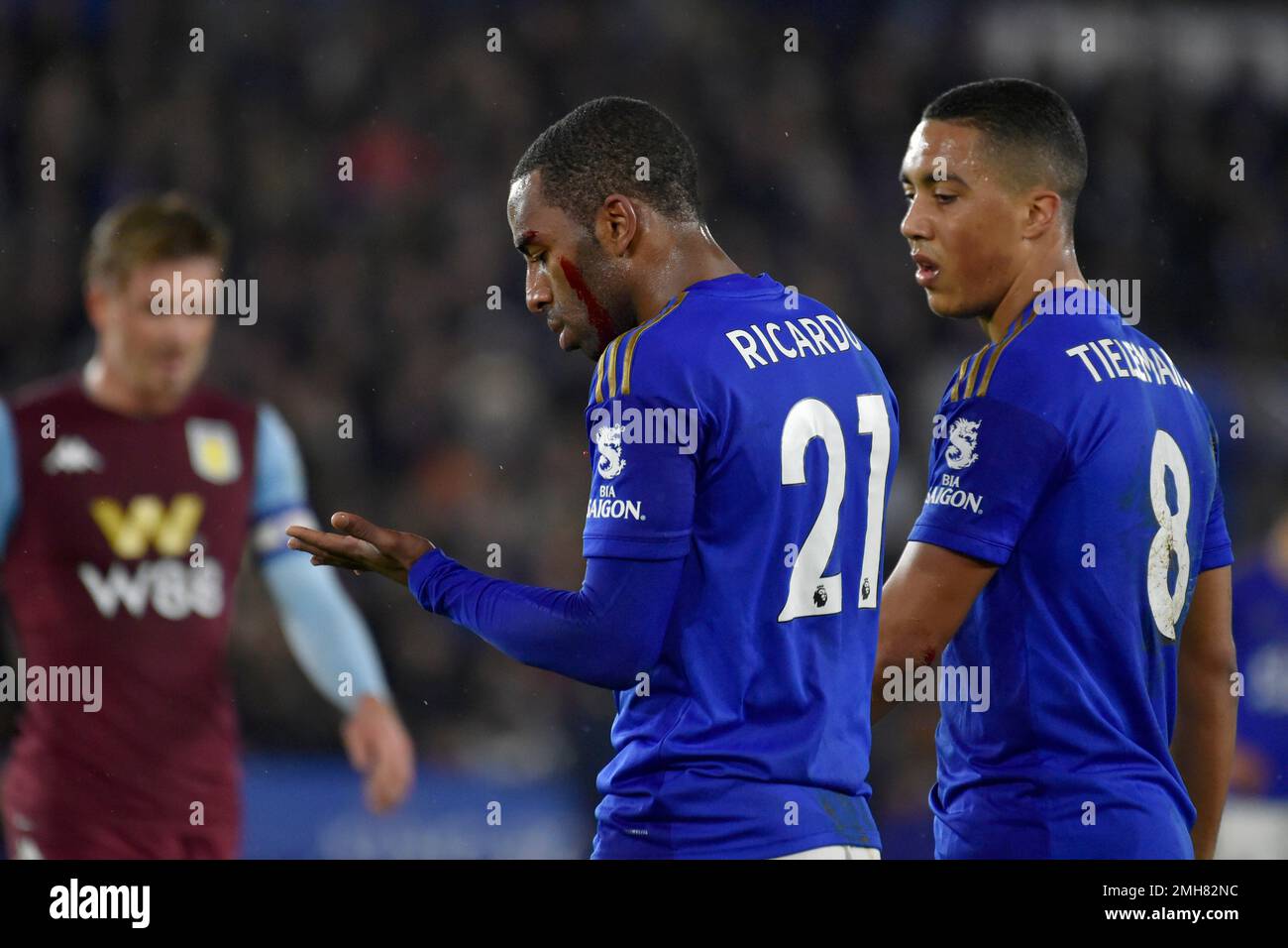 Leicester's Ricardo Pereira bleeds from ahead injury during the English ...