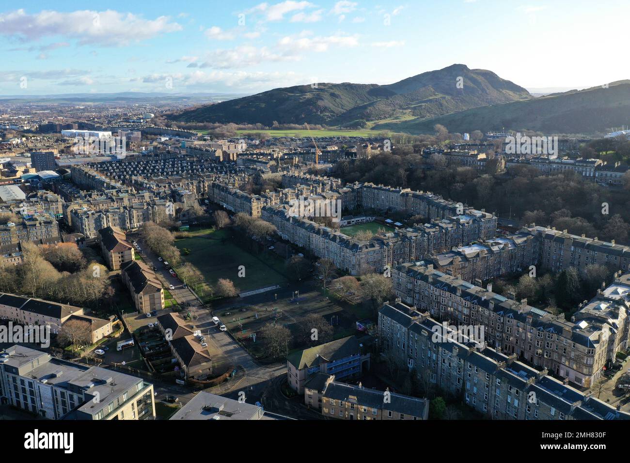 Aerial drone view of Edinburgh looking south towards Crow Hill from top ...
