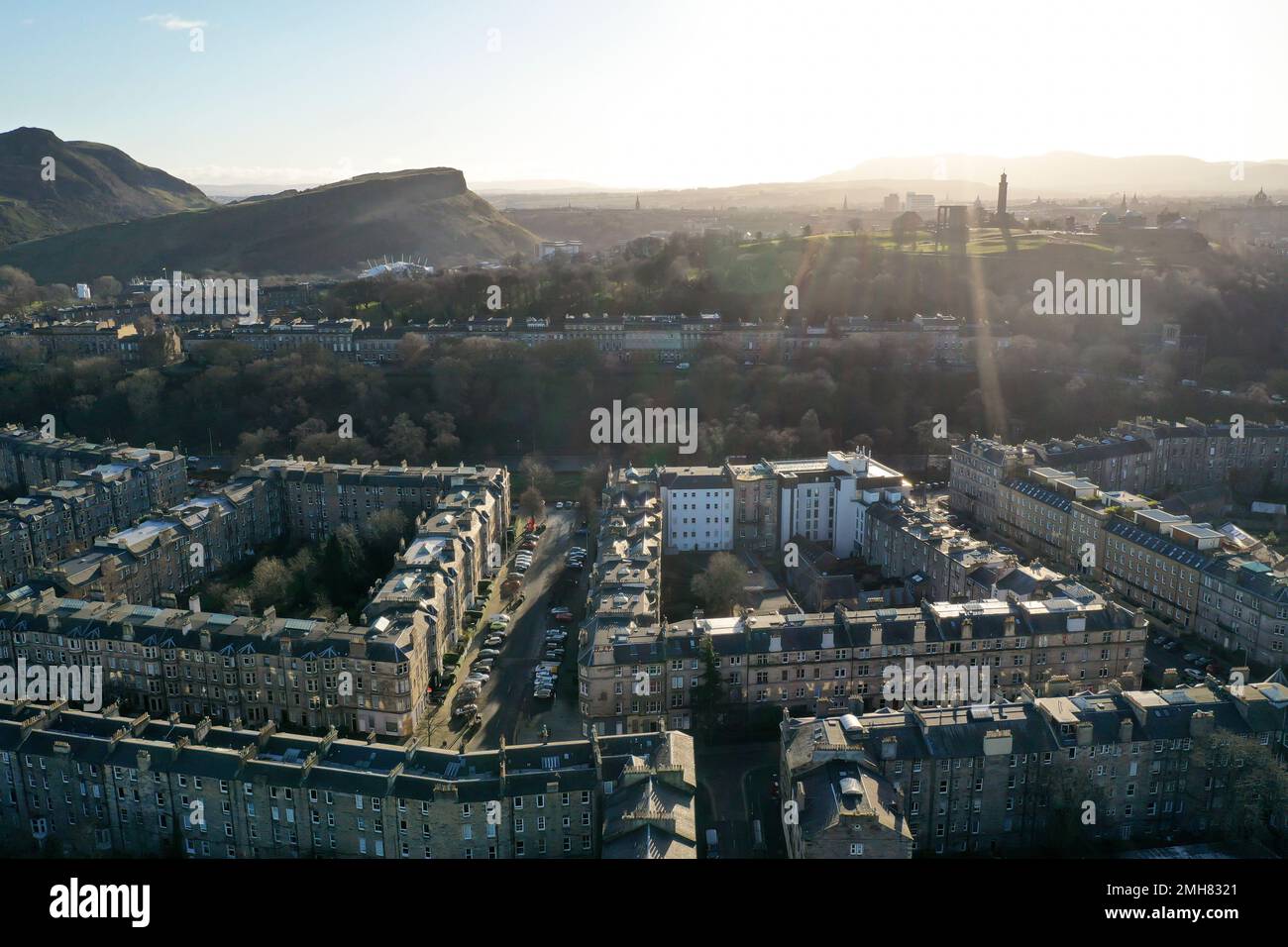 Aerial drone view of Edinburgh looking south towards Arthurs Seat from ...