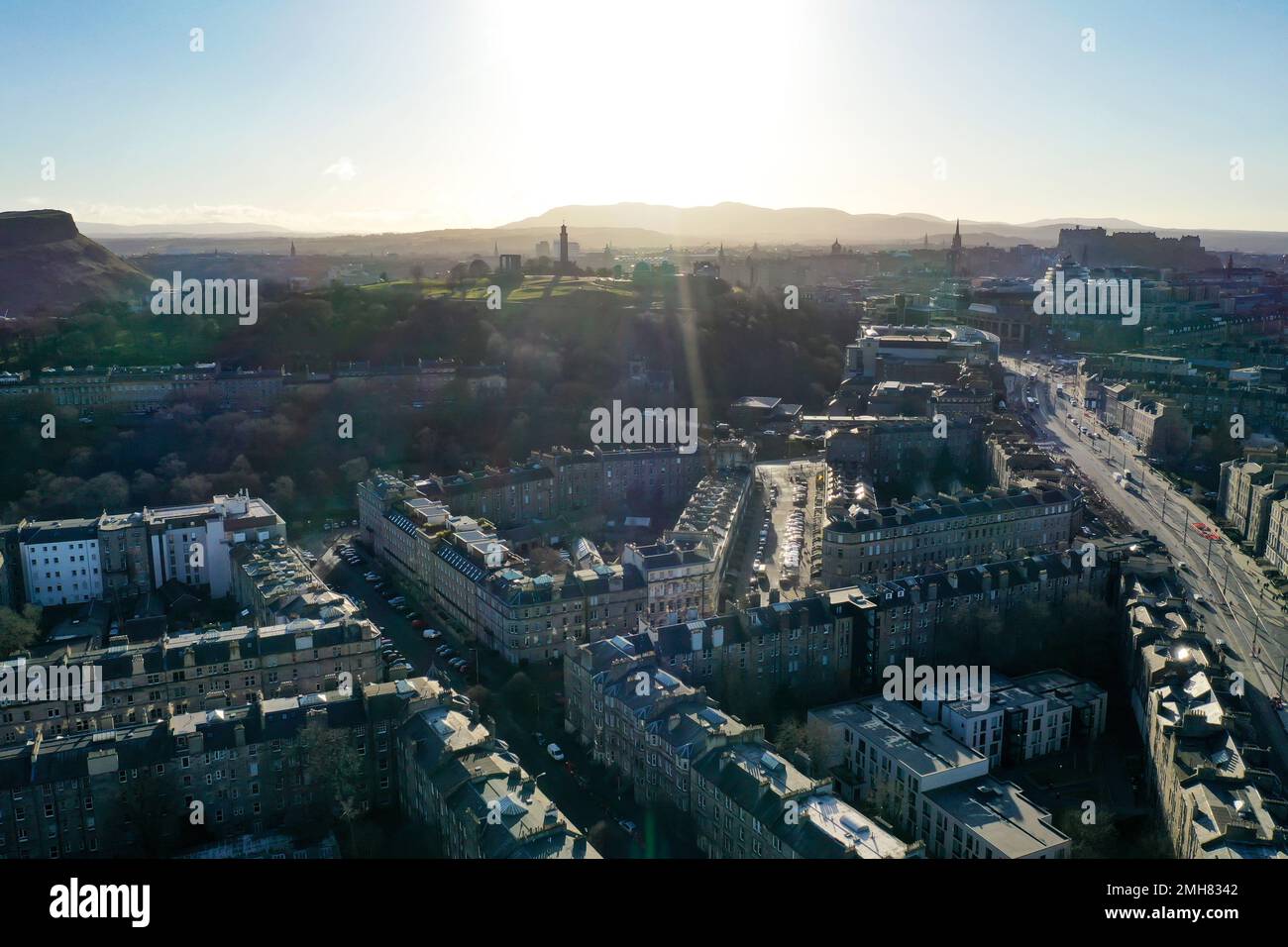Aerial drone view of Edinburgh city centre looking south from top of ...