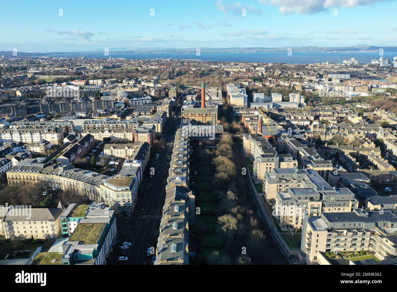 Aerial drone view over Edinburgh looking north west from Leith Walk ...