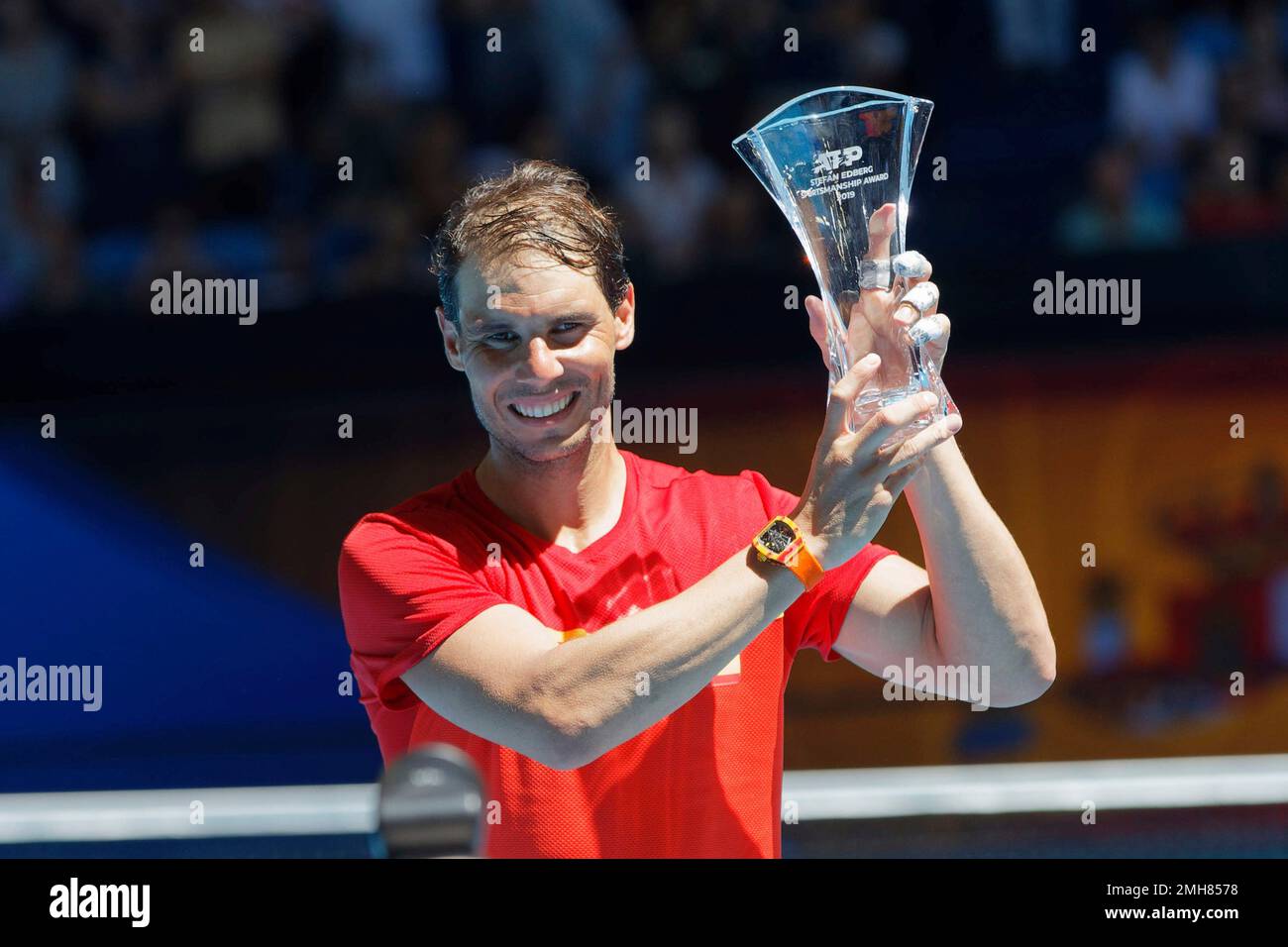 Rafael Nadal of Spain poses for a photo after being presented with the ...