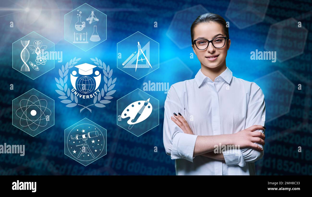 Portrait of teenage high school student, on background with educational ...