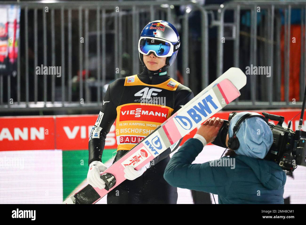 Ryoyu Kobayashi of Japan holds his ski after his final jump at the ...