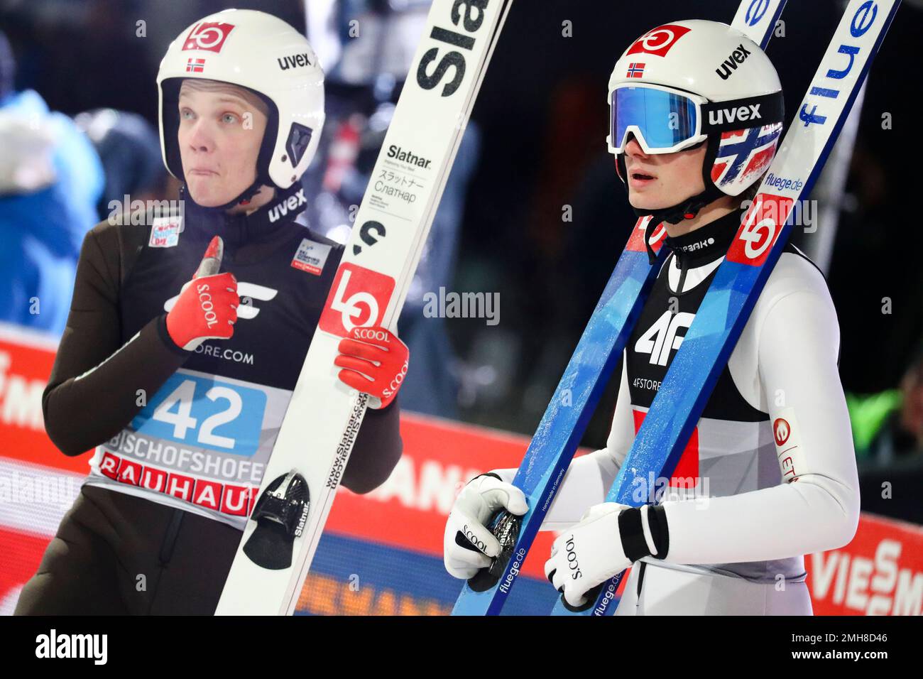 Sondre Ringen of Norway, left, and Marius Lindvik of Norway look to the ...