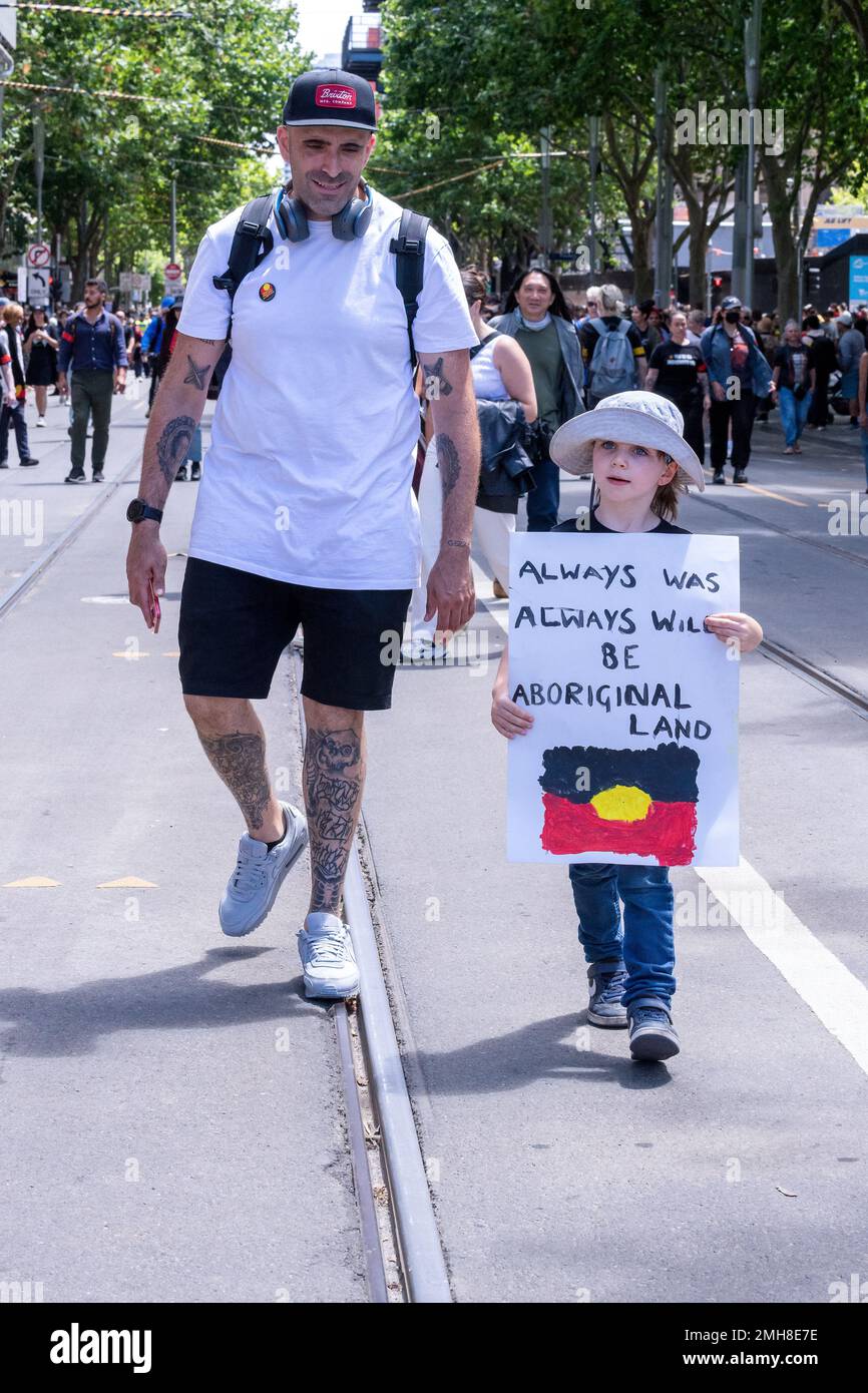 Melbourne, Australia, 26 January, 2023. A young girl and her dad march ...