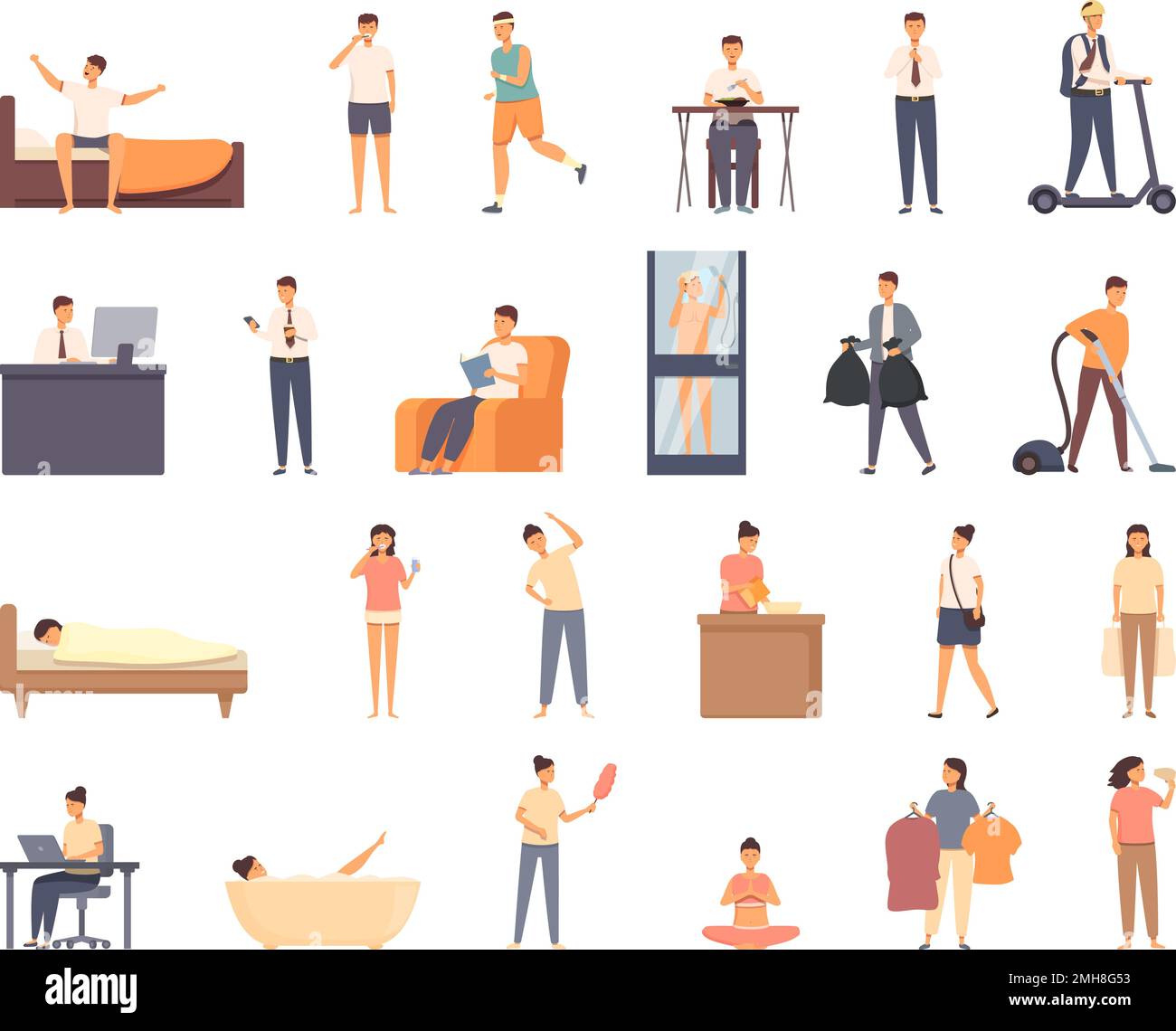 Daily routine icons set cartoon vector. Daily life. School boy Stock ...