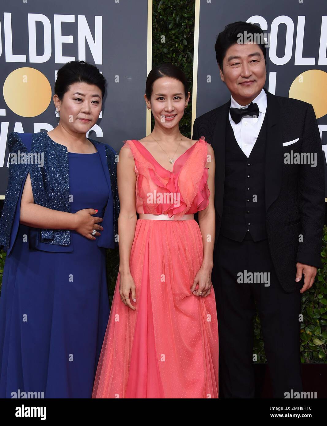 Lee Jeong-eun, from left, Cho Yeo-jeong and Kang-Ho Song arrive at the 77th annual Golden Globe ...