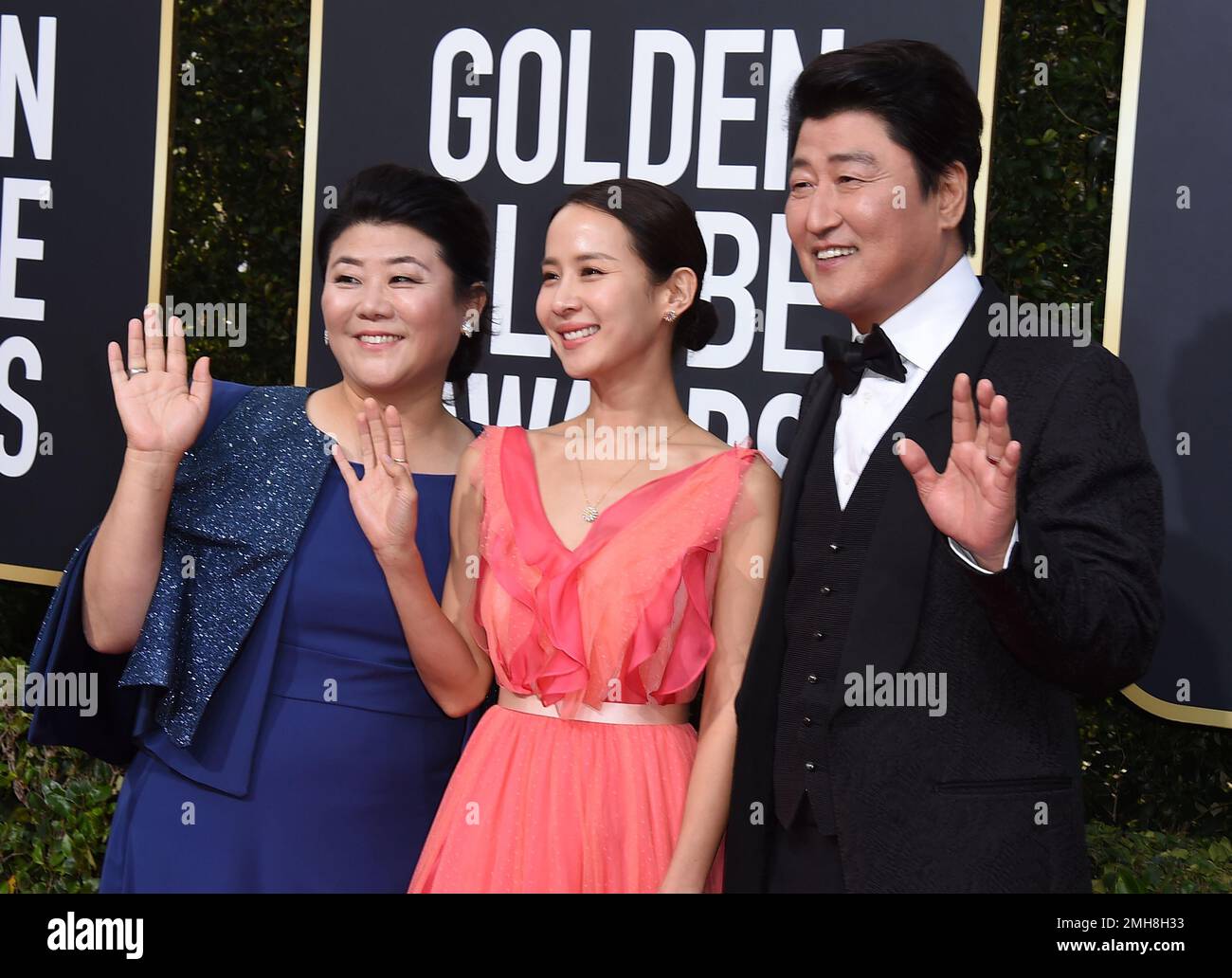 Lee Jeong-eun, from left, Cho Yeo-jeong and Kang-Ho Song arrive at the 77th annual Golden Globe ...