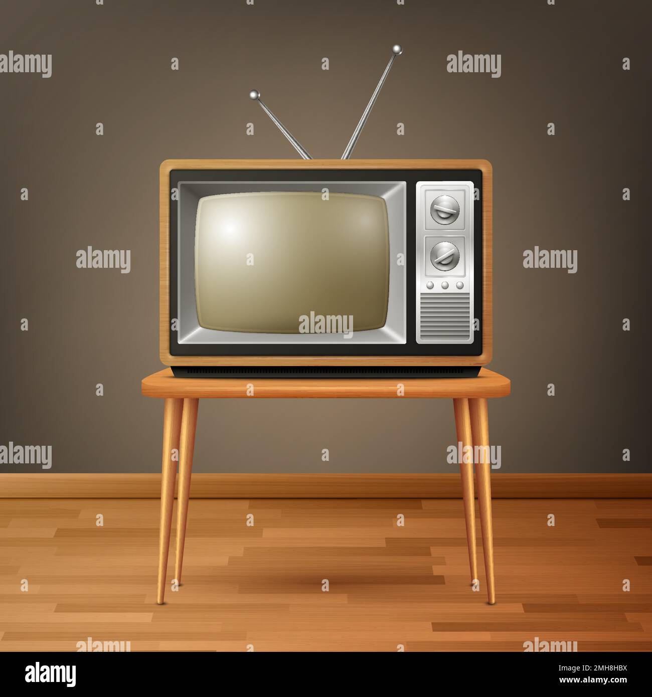 Vector 3d Realistic Brown Wooden Retro TV Receiver on Wooden Table ...