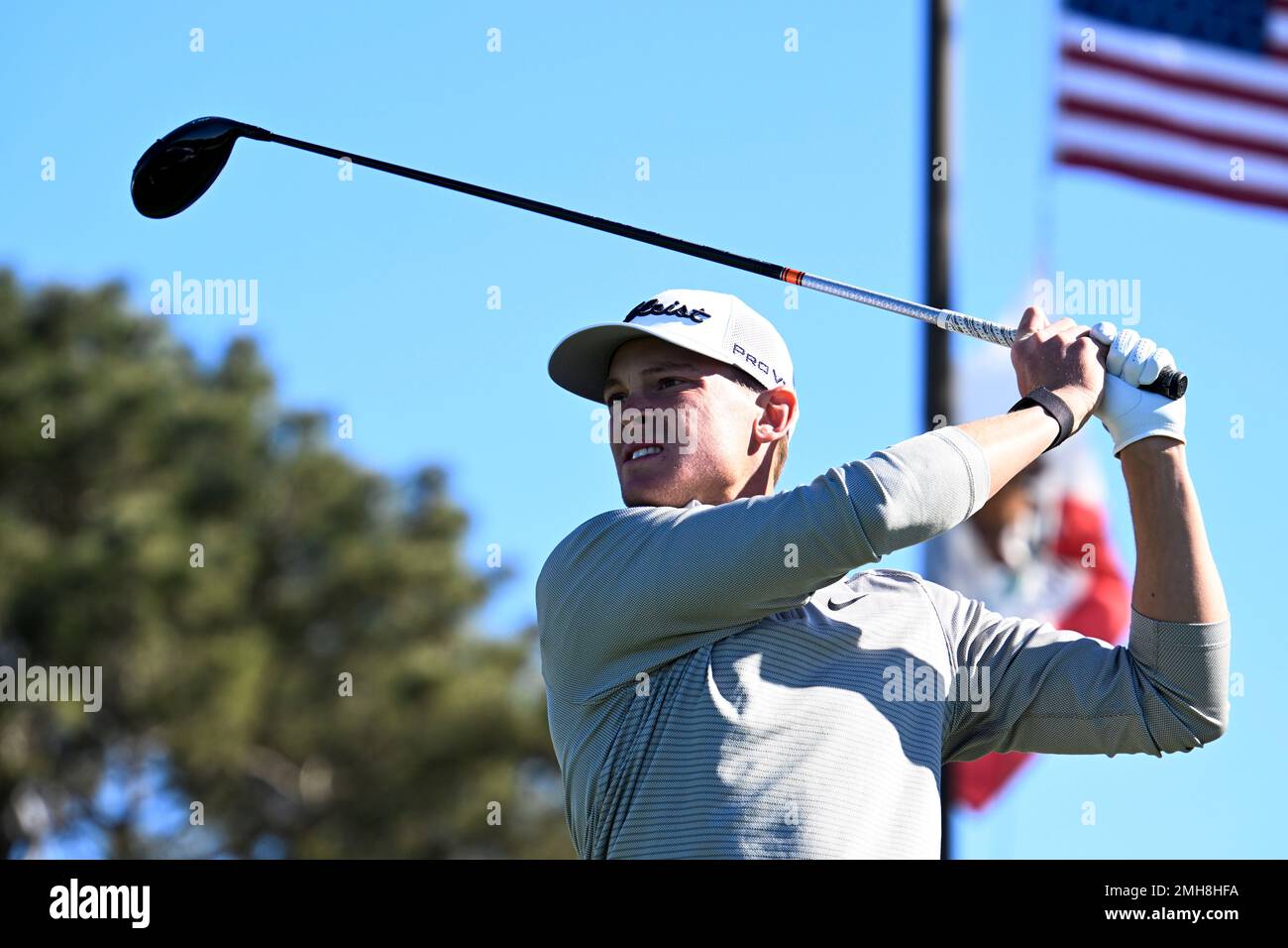 Vincent Norrman, of Sweden, watches his tee shot on the first hole of ...