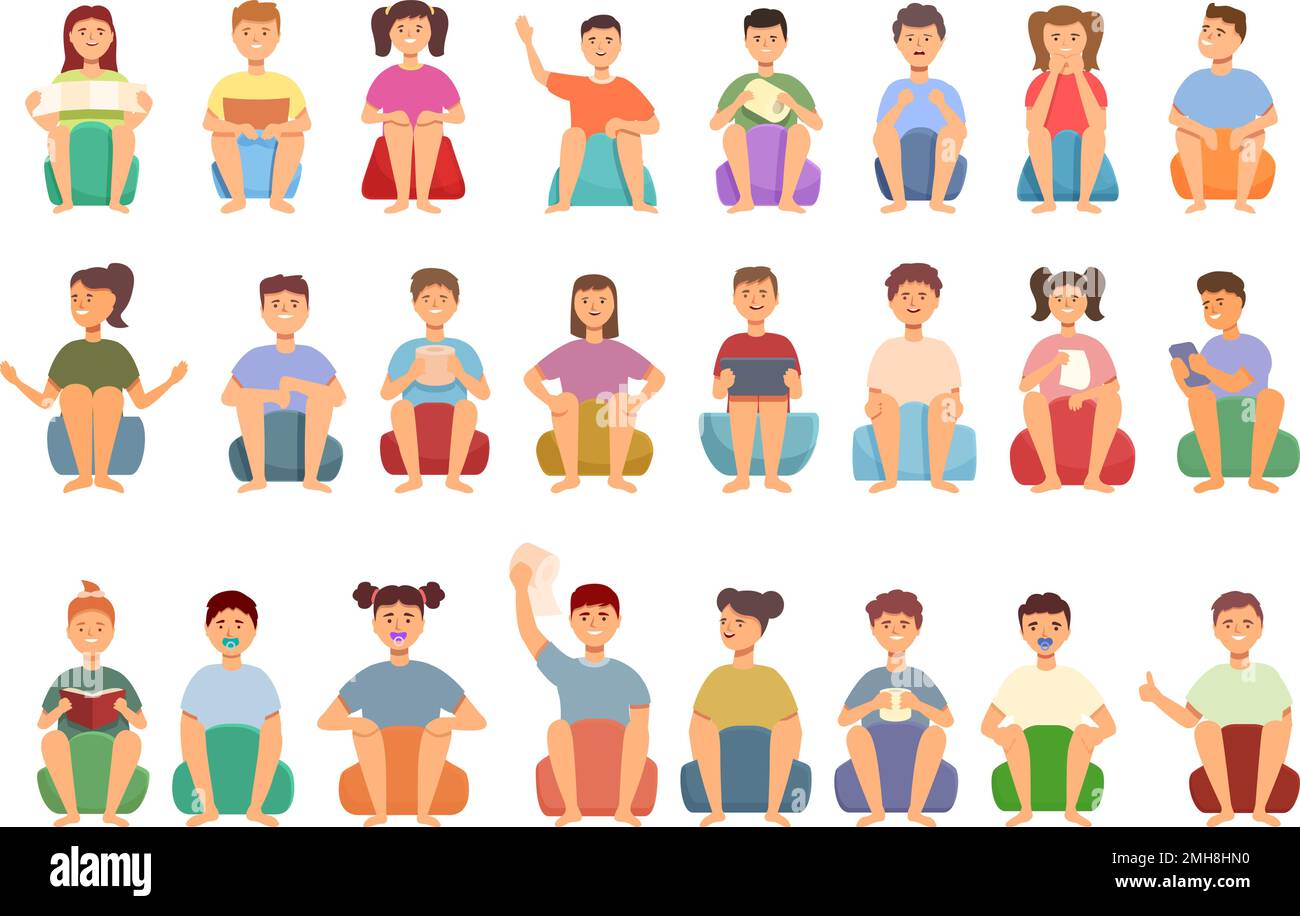 Baby sitting on the toilet icons set cartoon vector. Child toilet ...