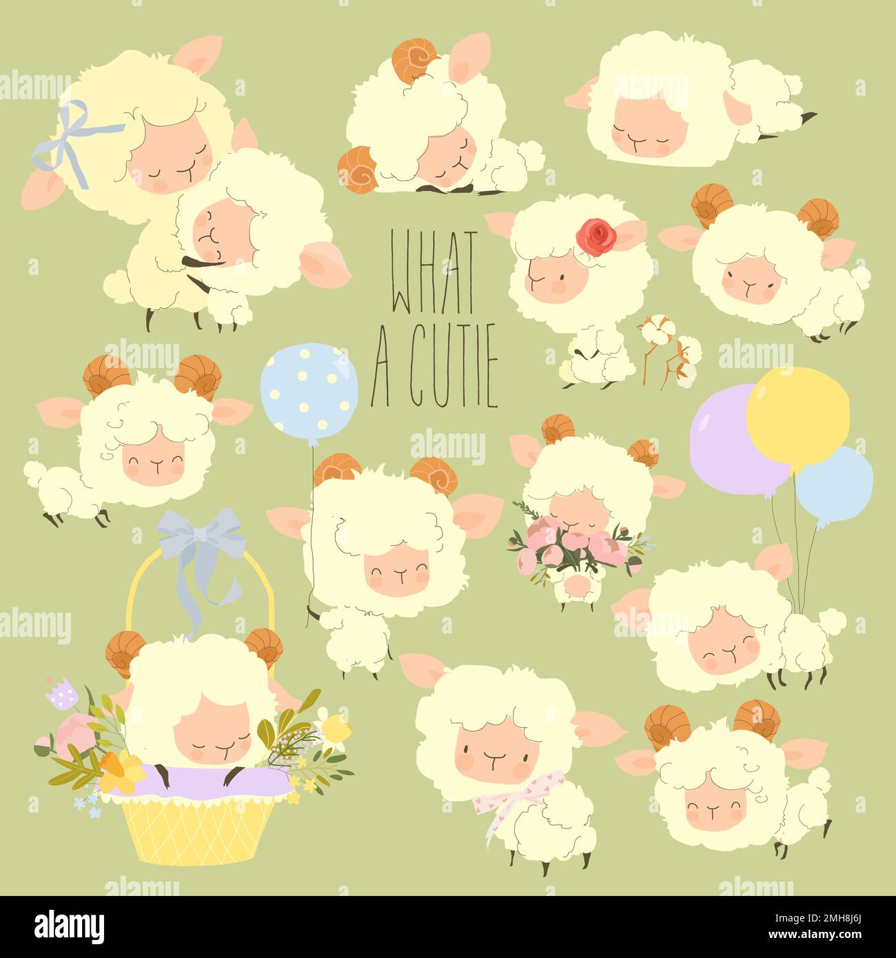Cute Little Sheep Cartoon Characters Set on Green Background Stock ...
