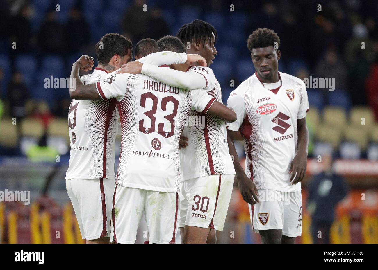 Torino players celebrate their victory at the end of the Serie A soccer ...