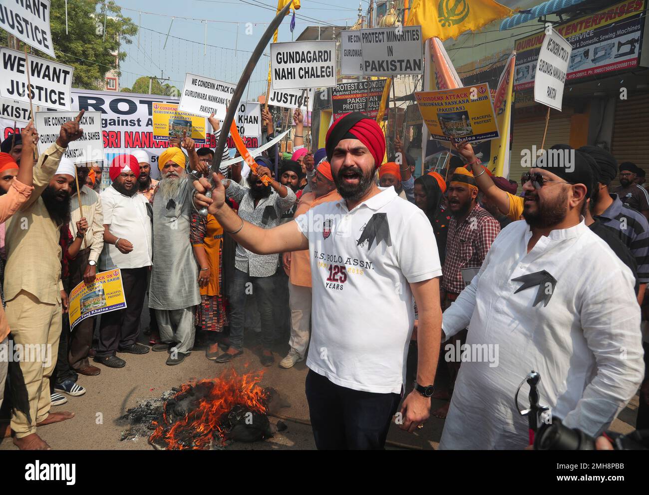 Indian Sikhs take part during a protest against the alleged vandalism ...
