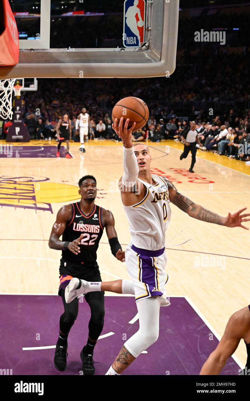 Los Angeles Lakers' Kyle Kuzma (0) goes up to basket against the Phoenix Suns during the second ...