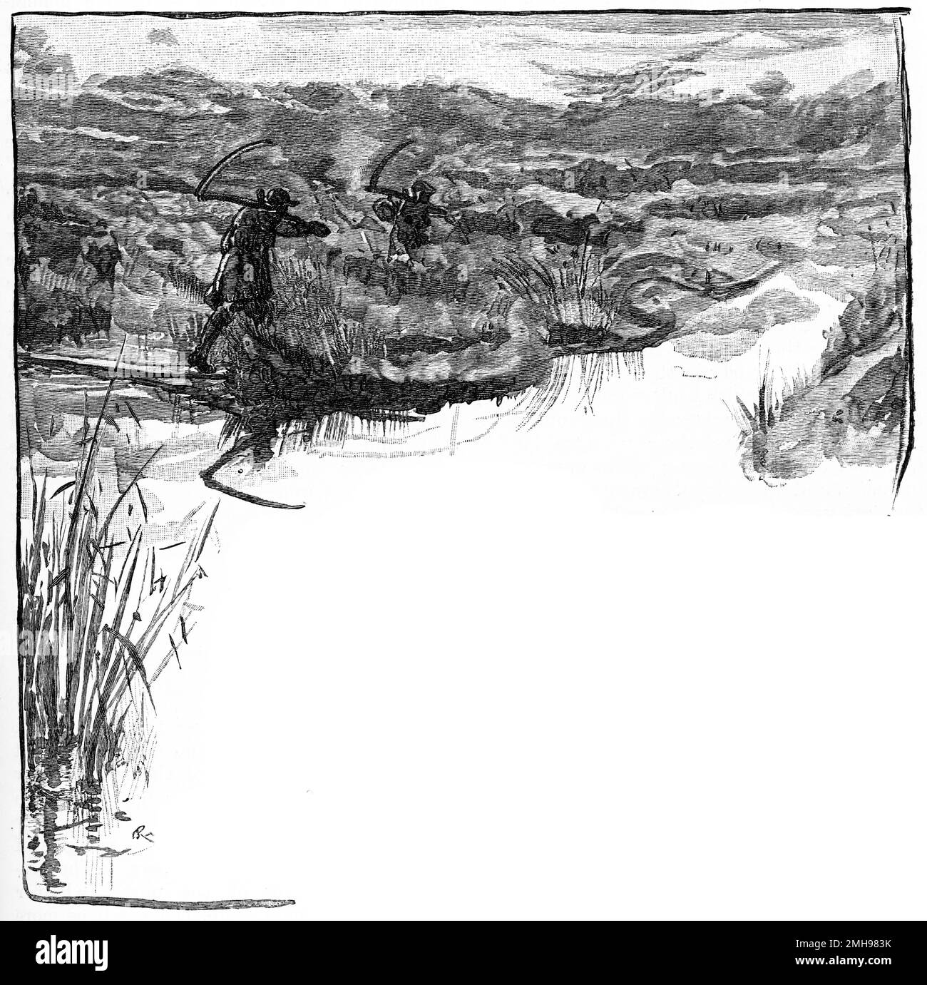 Halftone of farmers heading into the Fenlands in eastern England with ...