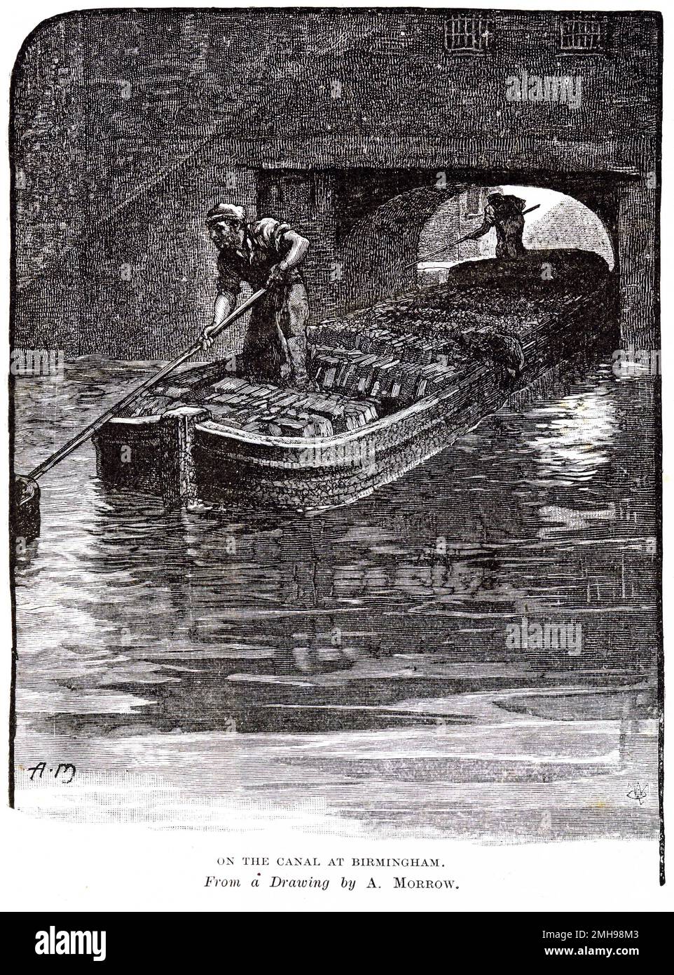 engraving of workers transporting brass ingots in a barge in Burmingham ...