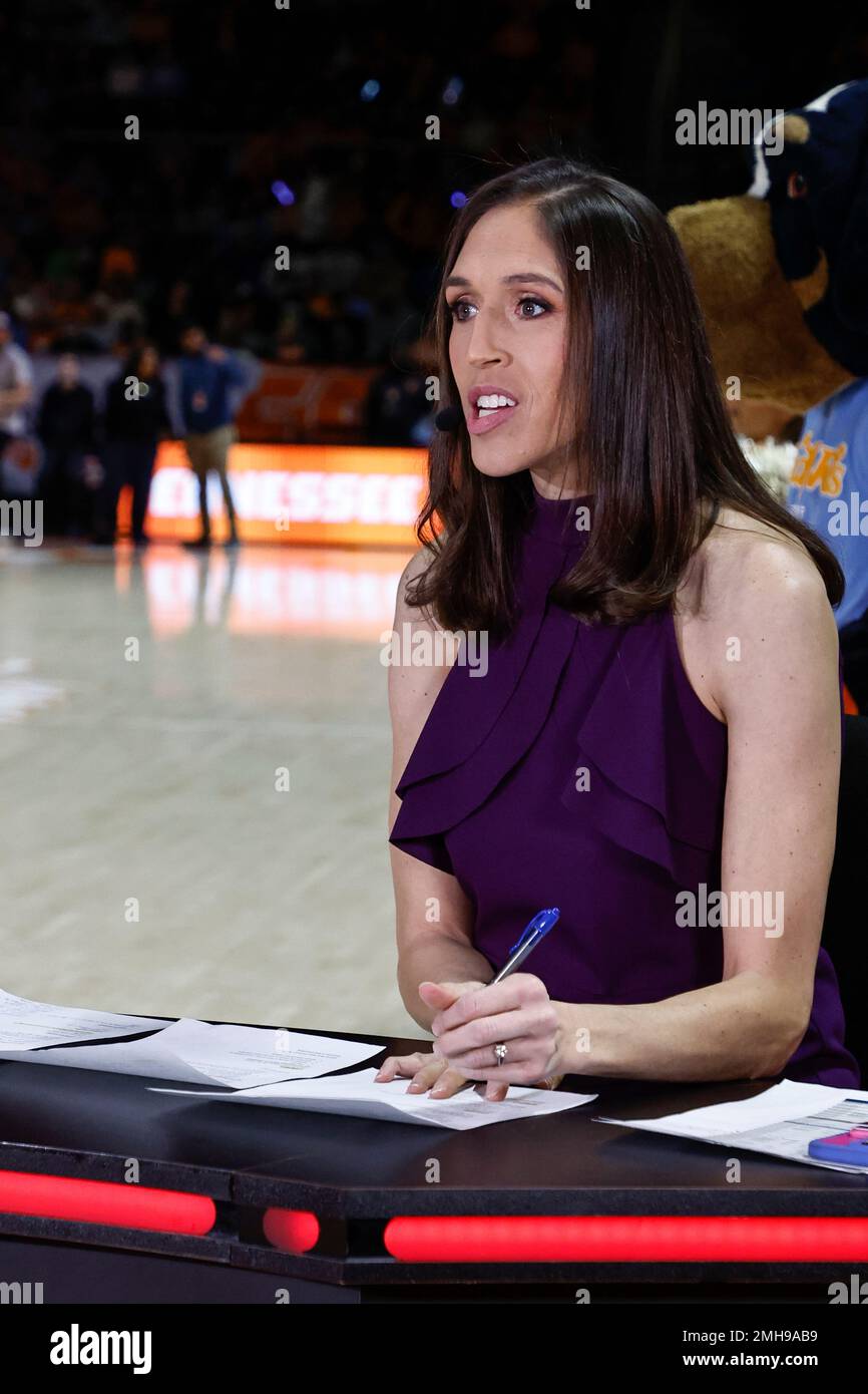 Rebecca Lobo sits on the set at an NCAA college basketball game between ...