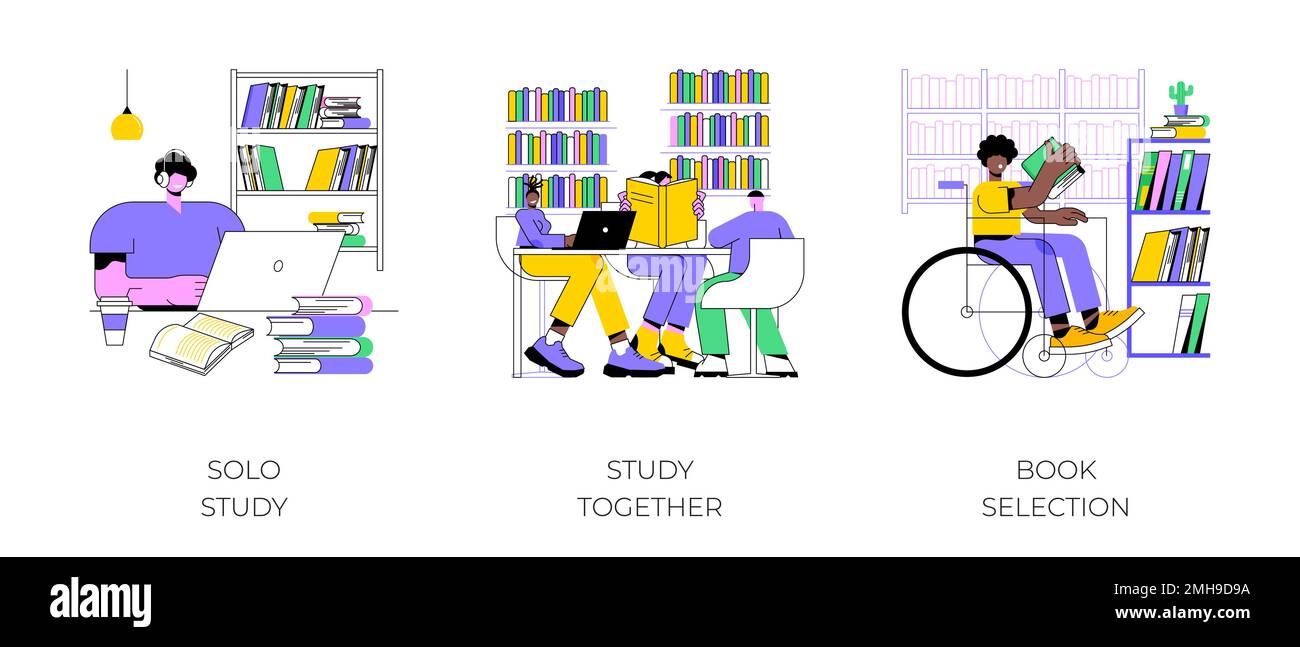 Library isolated cartoon vector illustrations set. Solo study, students ...