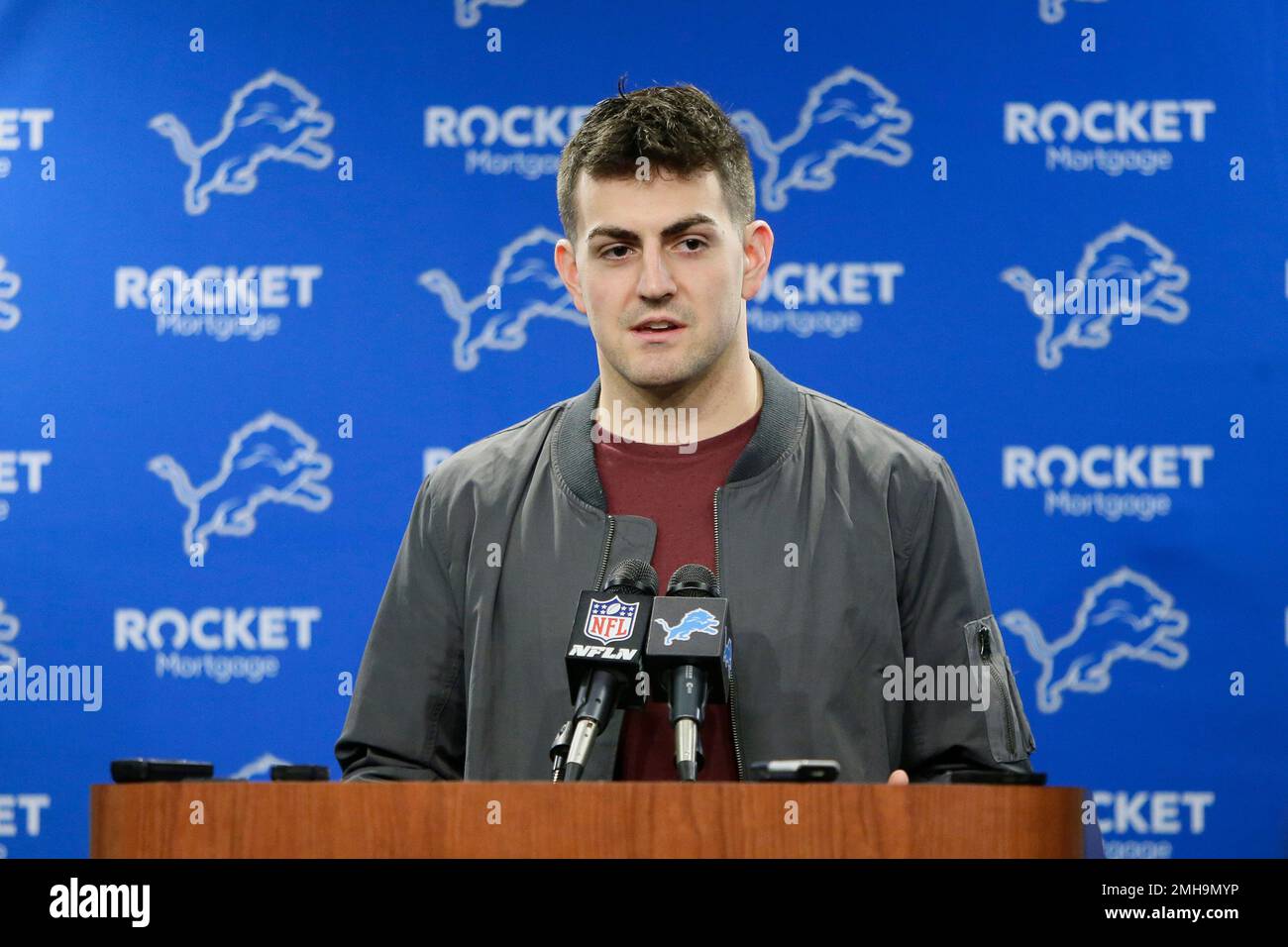 Detroit Lions quarterback David Blough addresses the media after an NFL ...