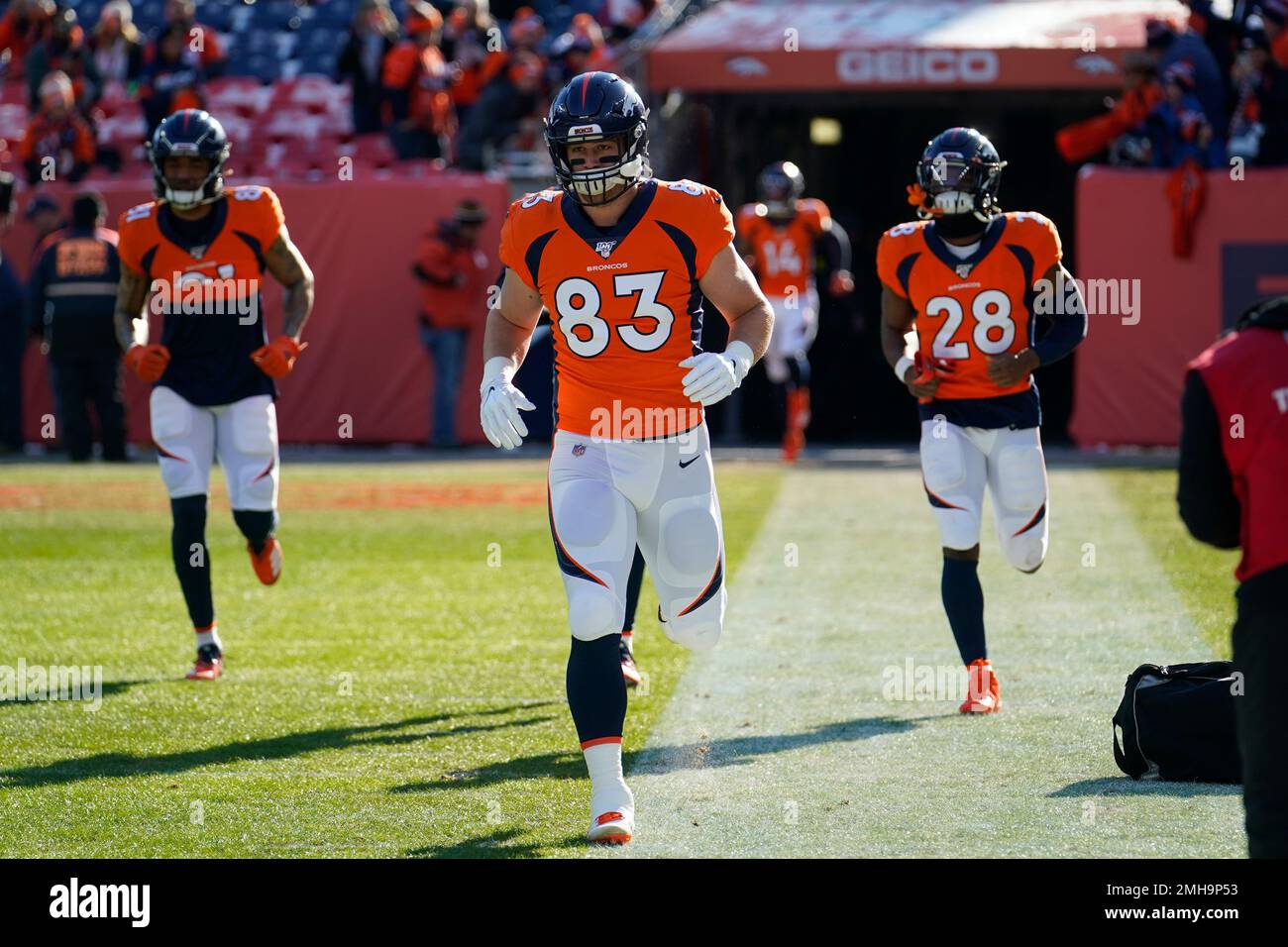 Denver Broncos fullback Andrew Beck (83) warms up before an NFL ...