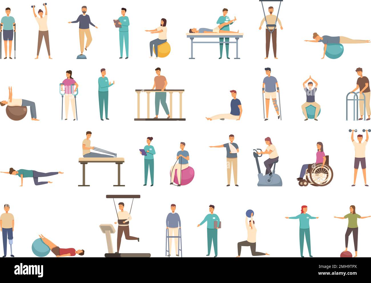Physiotherapy icons set cartoon vector. Treatment exercise. Condition ...