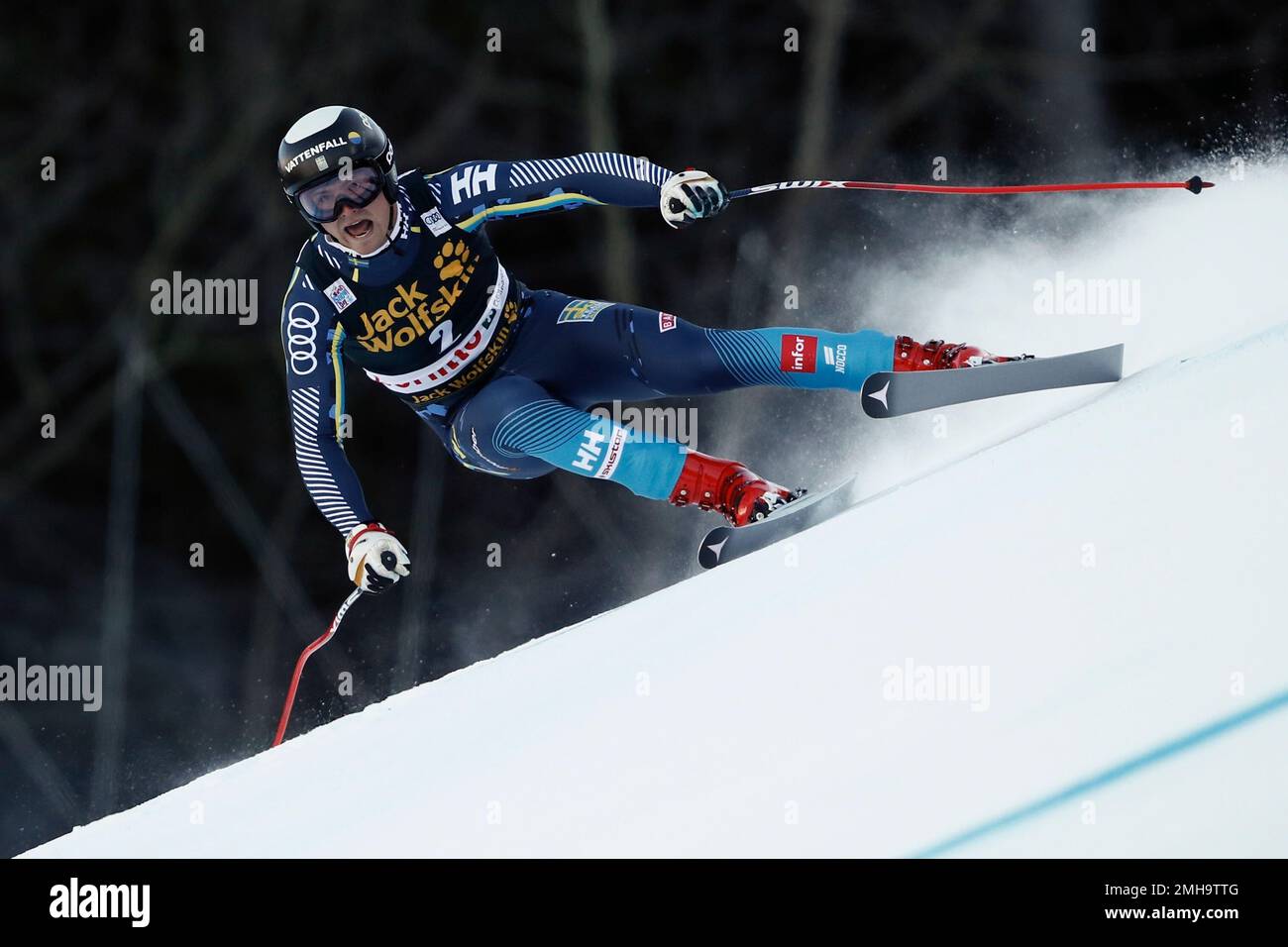 Sweden's Felix Monsen speeds down the course during the super-G portion ...