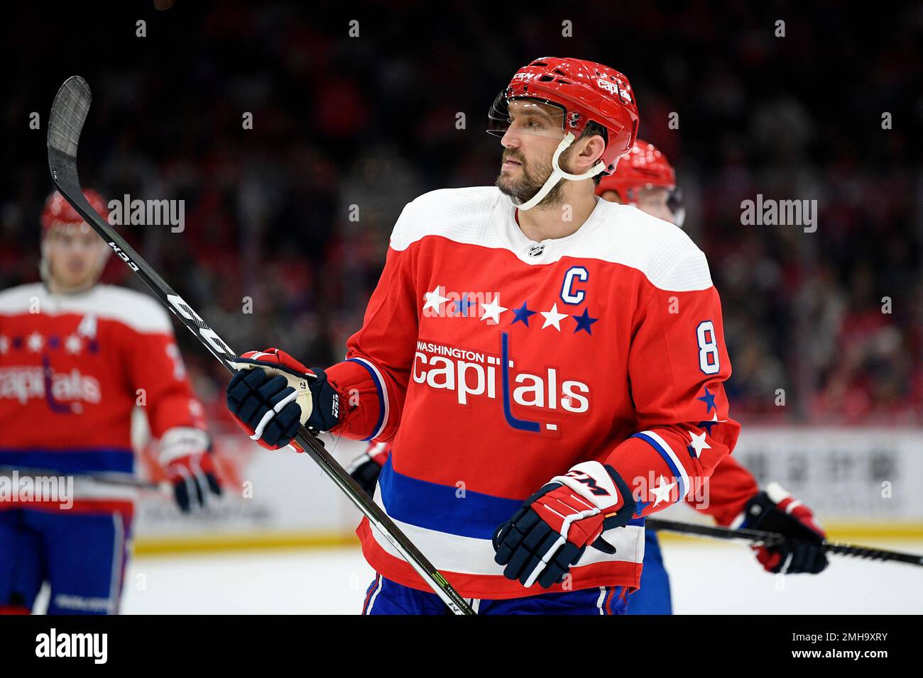Washington Capitals left wing Alex Ovechkin (8), of Russia, stands on ...
