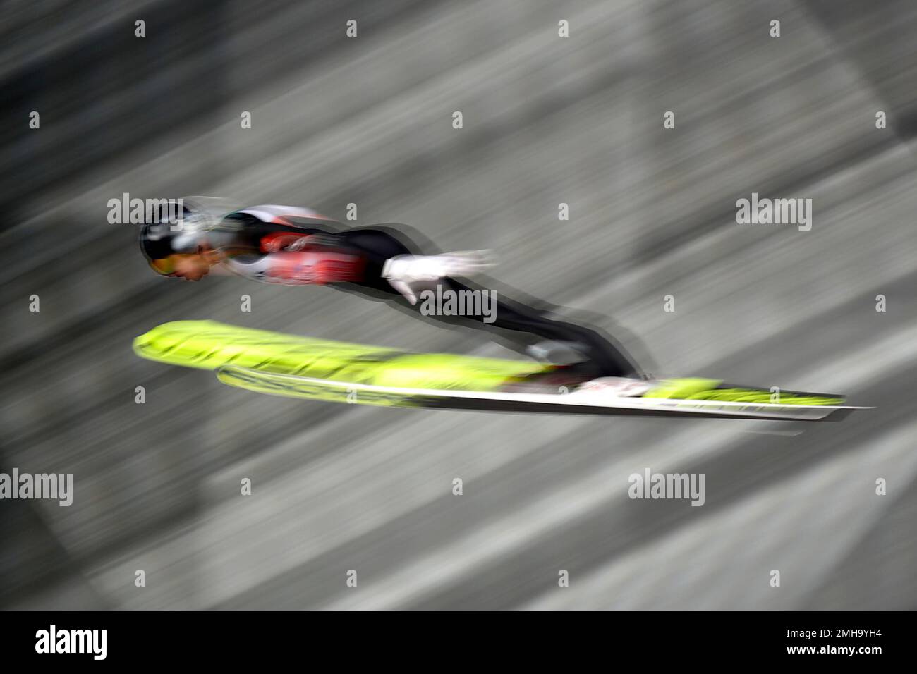 Jonathan Learoyd of France soars through the air during a trial jump at ...