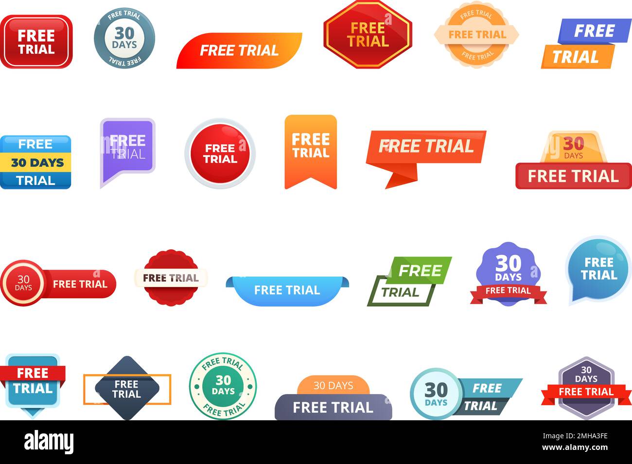 Free with trial icons set cartoon vector. Demo test. Free offer Stock ...