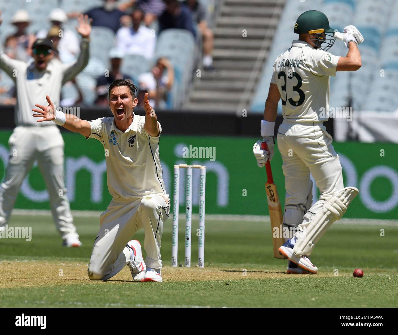 New Zealand's Trent Boult, left appeals for an LBW against Australia's ...