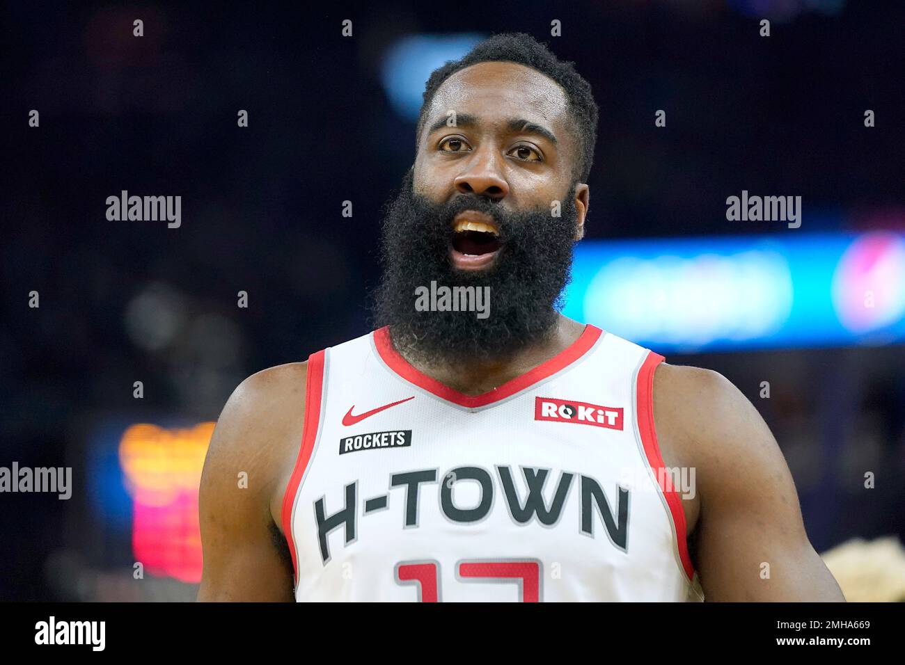 Houston Rockets guard James Harden questions a referee's call during ...