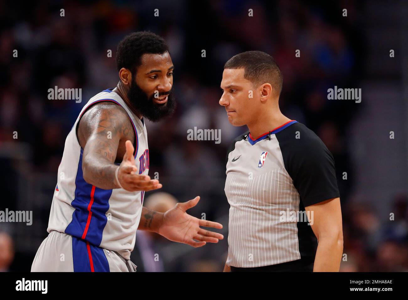 Detroit Pistons center Andre Drummond talks with referee Nate Green ...