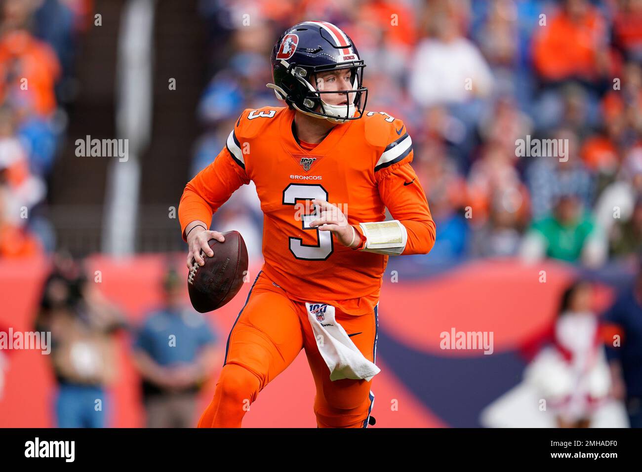 Denver Broncos quarterback Drew Lock (3) throws against the Detroit ...