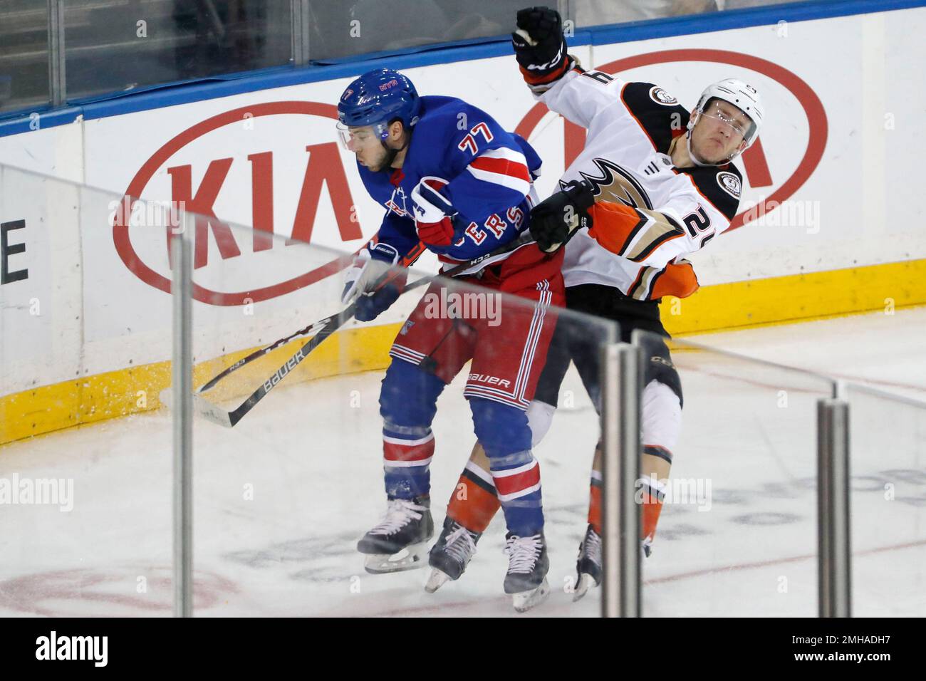New York Rangers defenseman Tony DeAngelo (77) collides with Anaheim ...