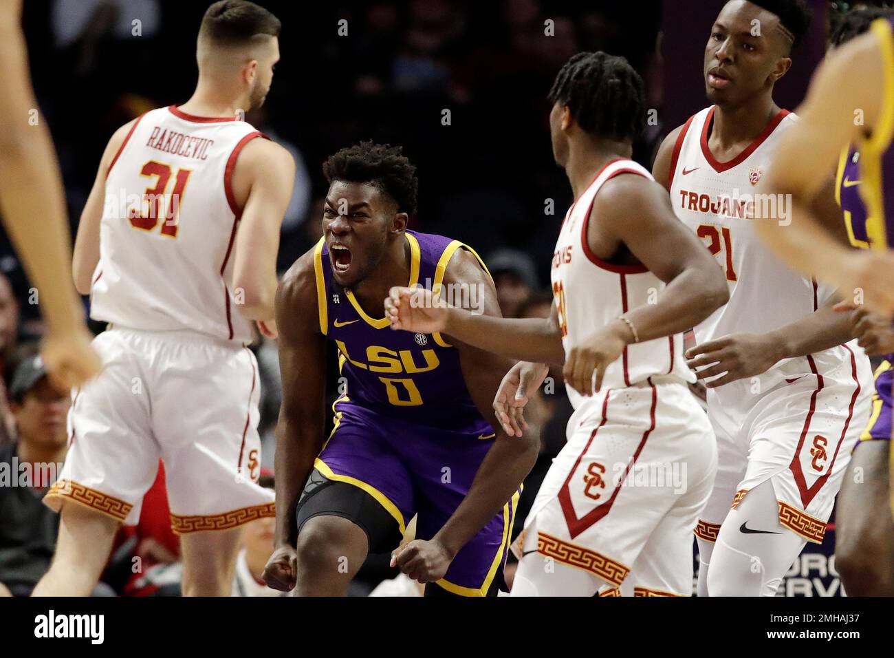 LSU forward Darius Days (0) celebrates after scoring against Southern ...