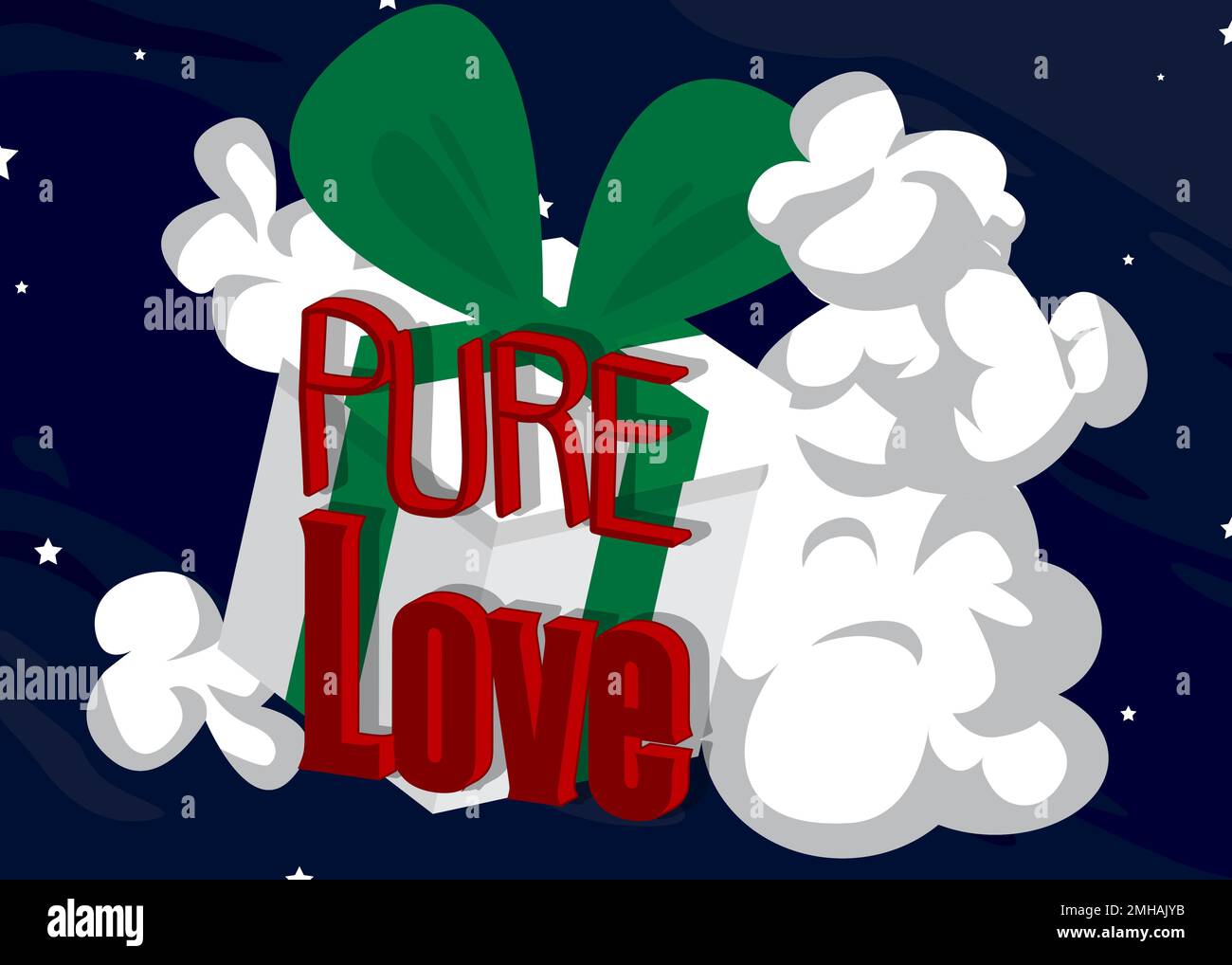 Cartoon Gift Box with Pure Love text. Vector illustrated wrapped ...