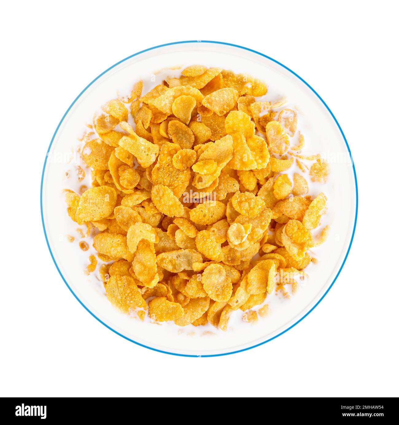 Bowl of sweet cornflakes with milk isolated on white background, top ...