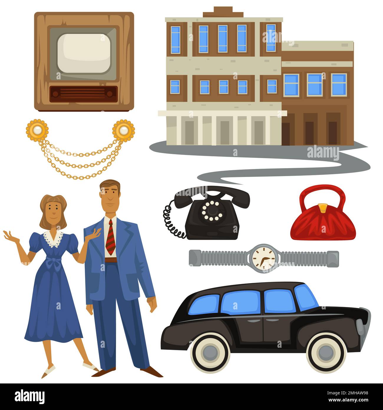 1940s fashion style and architecture, epoch symbols isolated objects ...