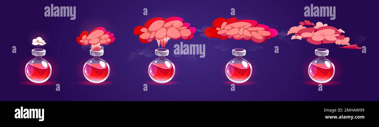 Bottle with potion, magic elixir or poison and smoke cloud. Sprite ...